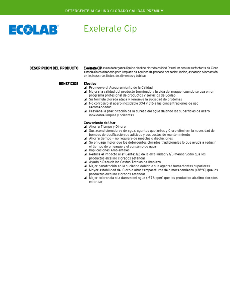 Exelerate Cip Tech Sheet MX Spanish 2006-2007 | PDF | Agua | Detergente