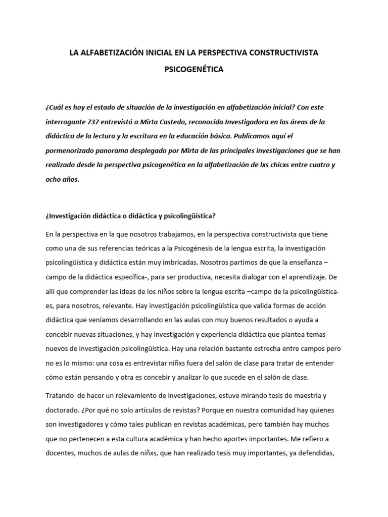 La Alfabetizacin Inicial en La Perspectiva Constructivista Psicogentica 88047 | PDF | Literatura ...