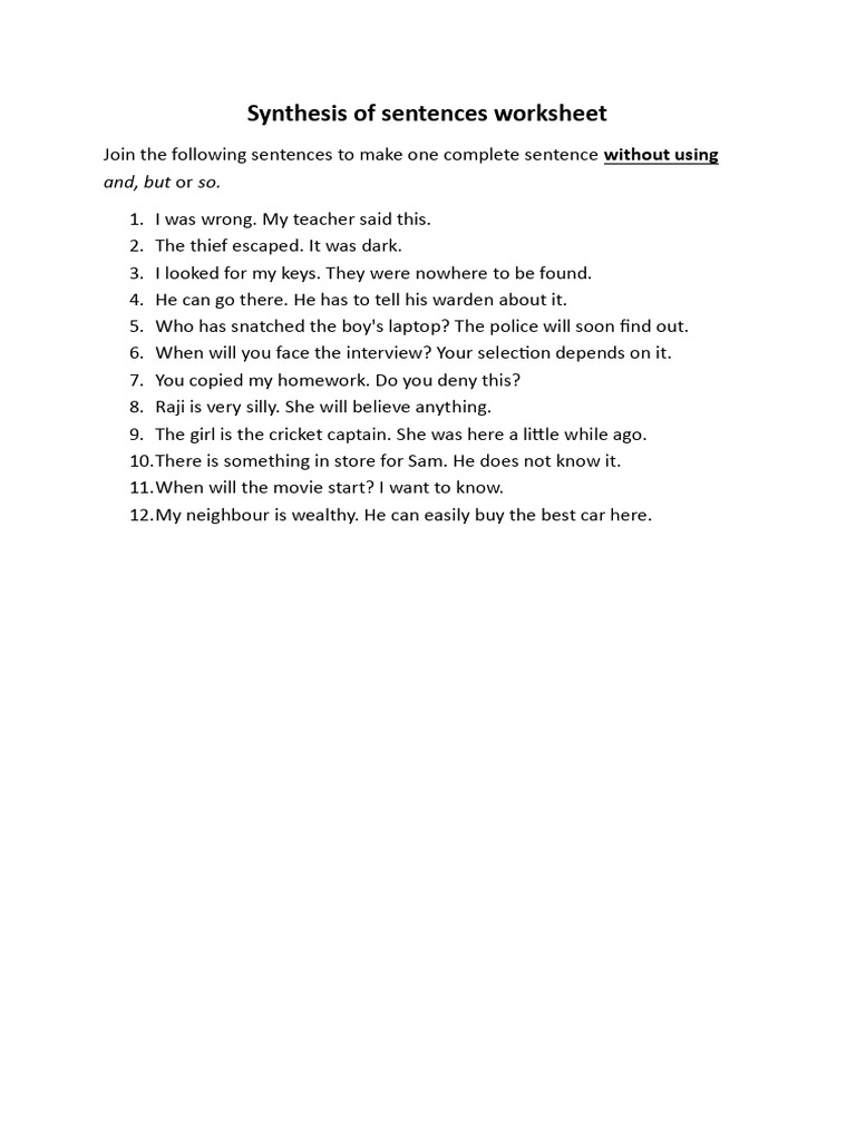 Synthesis of Sentences Worksheet | PDF