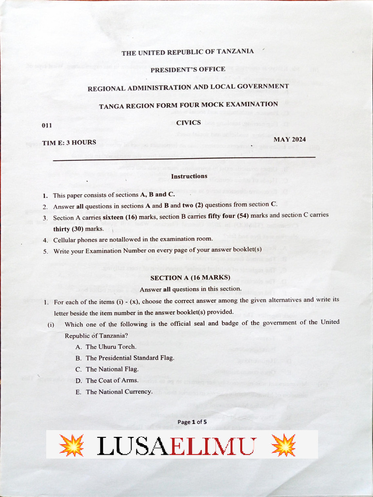 Tanga Region Form Four Civics Mock Exam | PDF | Social Psychology