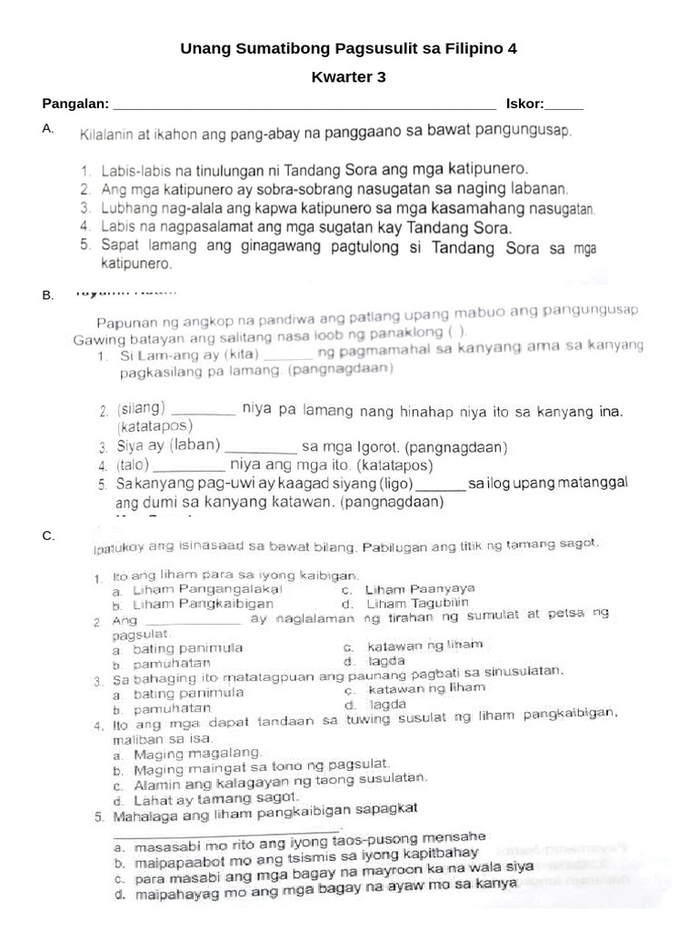 Unang Sumatibong Pagsusulit Sa Filipino 4 Q3 | PDF