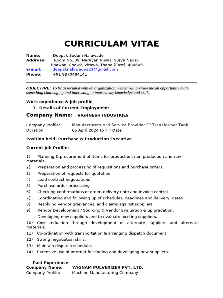 CV Deepak Nalawade Purchase Dept. | PDF | Business