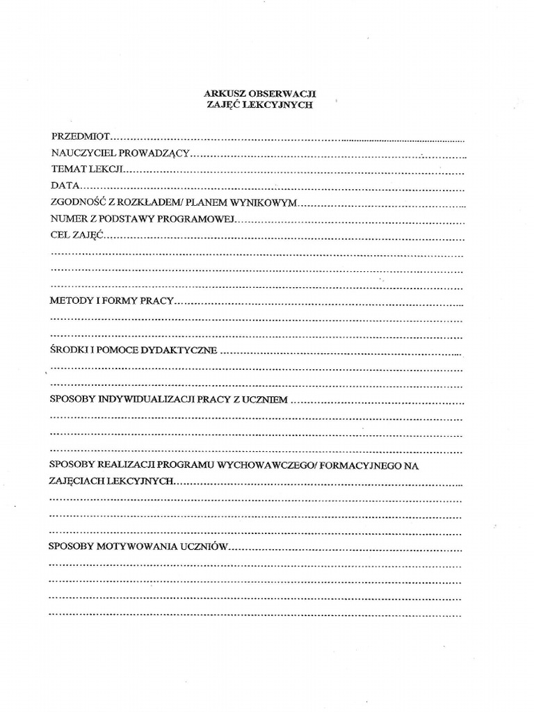 Arkusz Obserwacji Lekcji | PDF