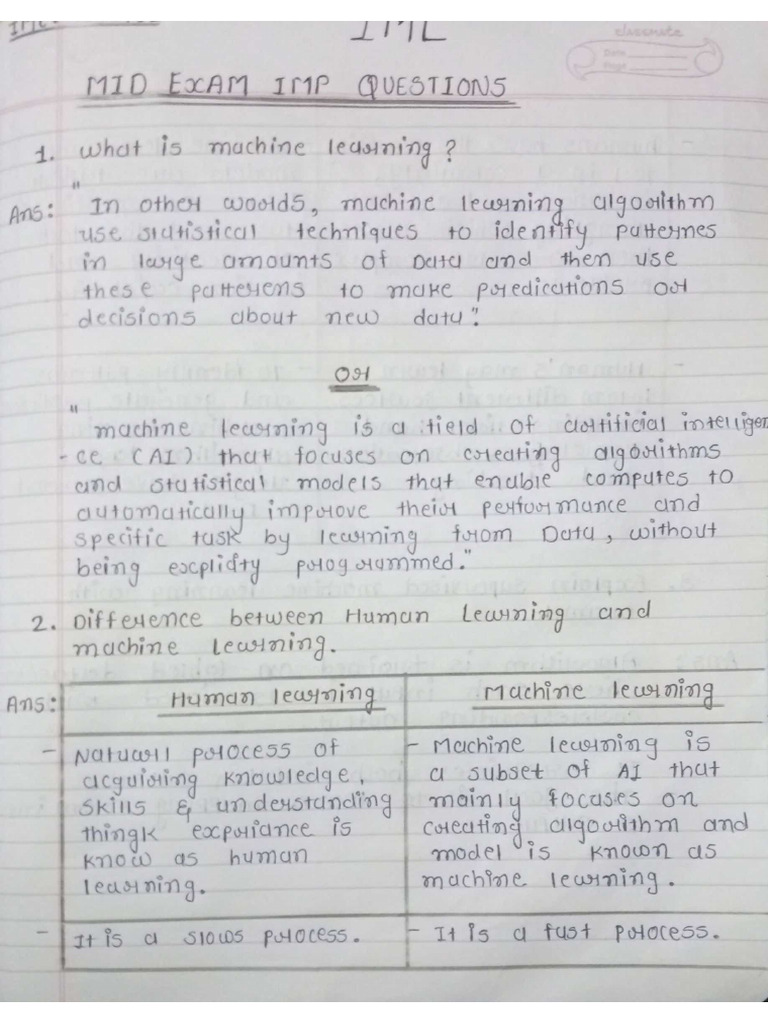 IML (Mid - 1 Questions and Answers) | PDF