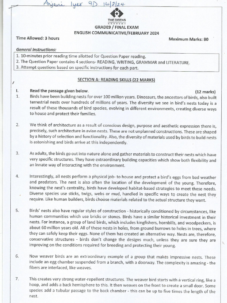 Class9 EnglishCommunication Finalexam | PDF