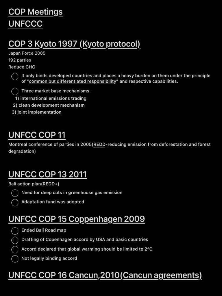 Overview of UNFCCC COP Meetings and Agreements | PDF