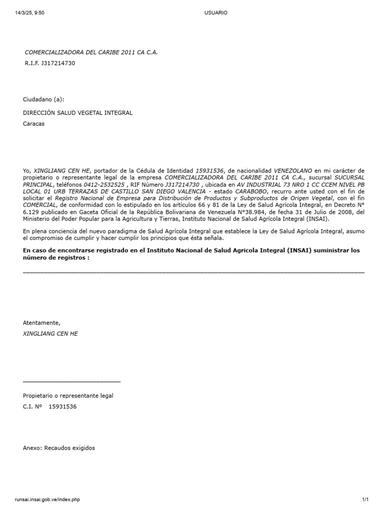 Solicitud de Registro en RUNSAI | PDF