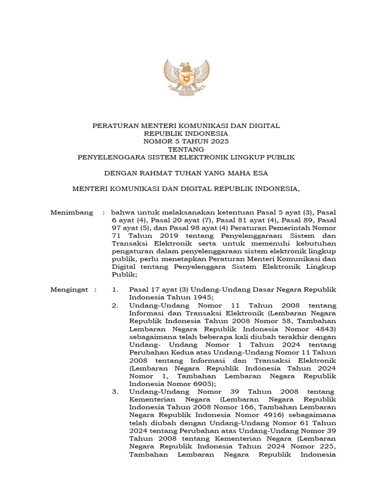 PM Komdigi Nomor 5 Tahun 2025 Tentang PSE Publik | PDF
