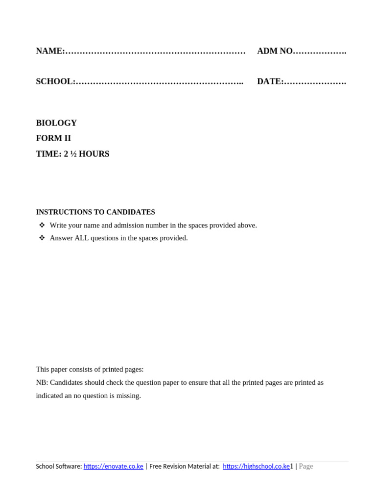 Biology-Form-2 Endterm 1 | PDF | Biology