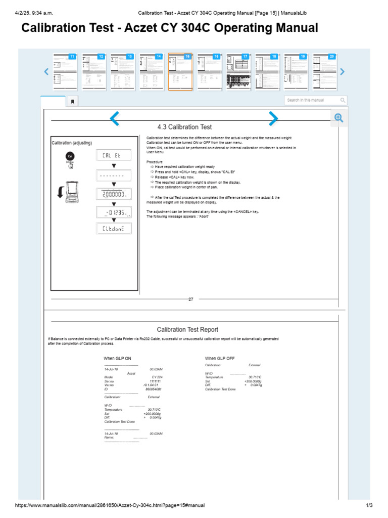 Calibration Test - Aczet CY 304C Operating Manual (Page 15 ...