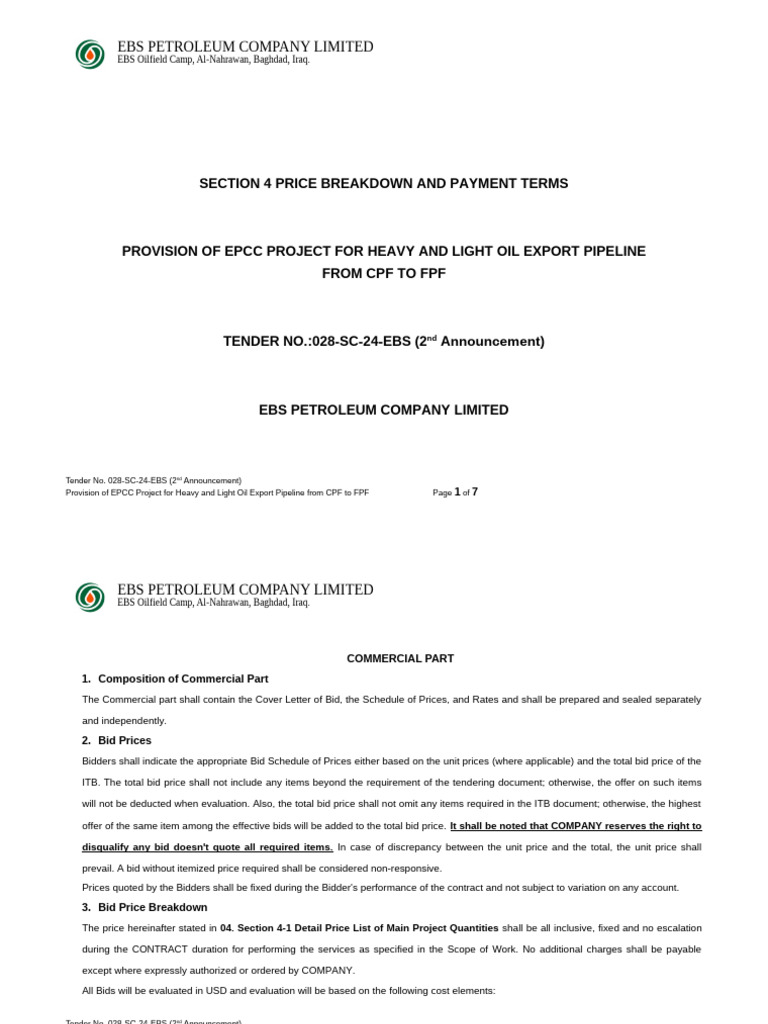 EPCC Project Bid Terms for Oil Pipeline | PDF | Prices | Taxes