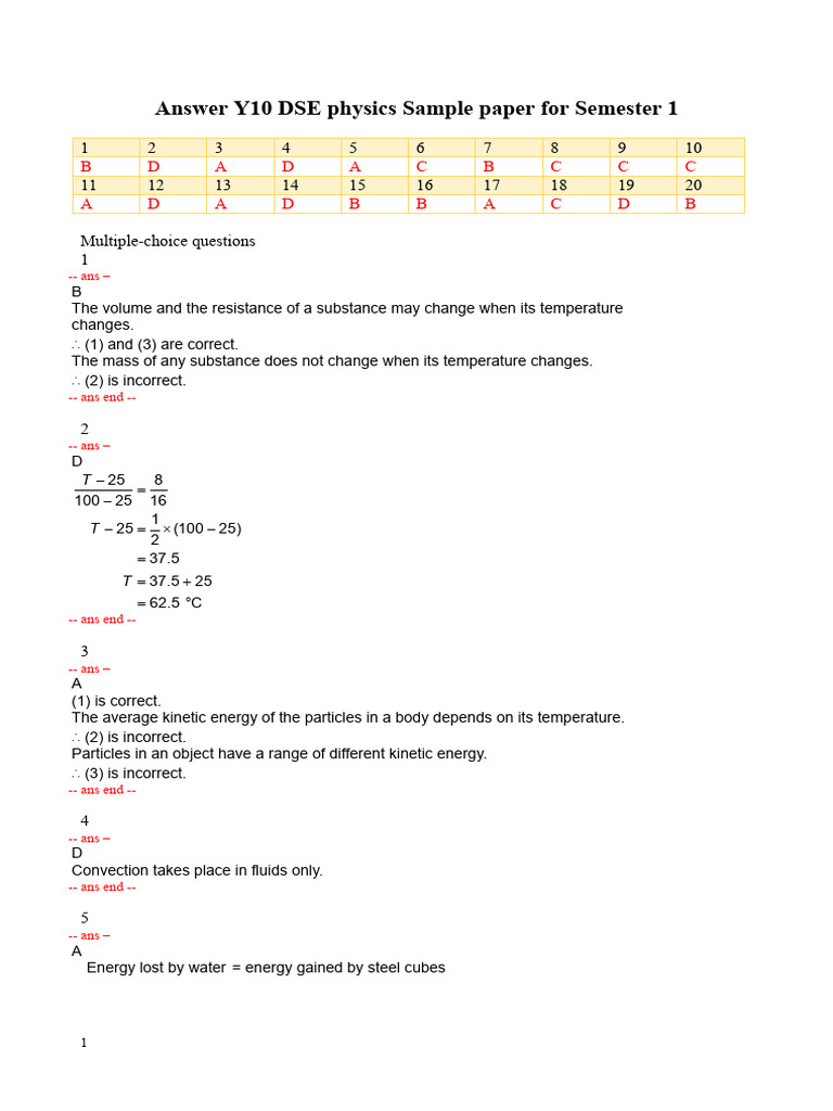 Y10 DSE Physics Sample Paper For Semester 1 - Answer | PDF | Latent ...