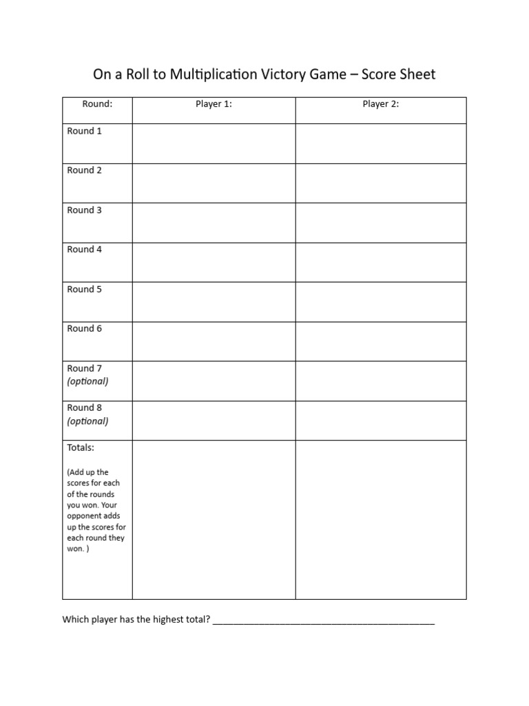 Score Sheet for Roll and Race Game | PDF