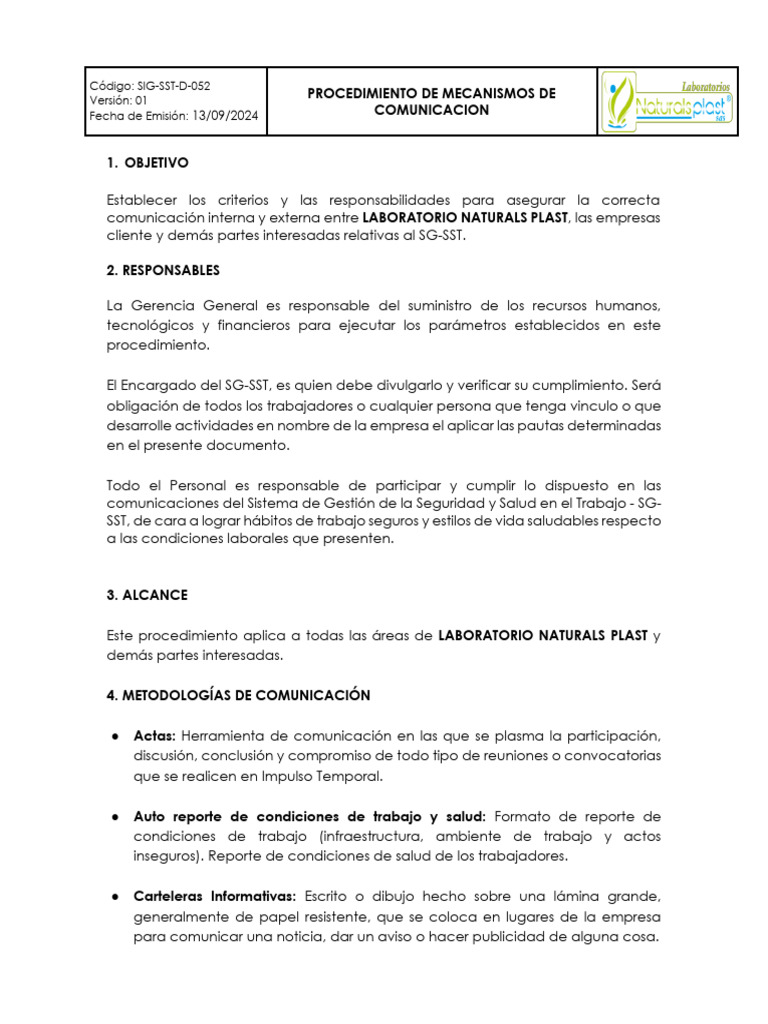 SIG-SST-D-052 Procedimiento Mecanismos de Comunicacion 2024 | PDF | Comunicación | Laboratorios