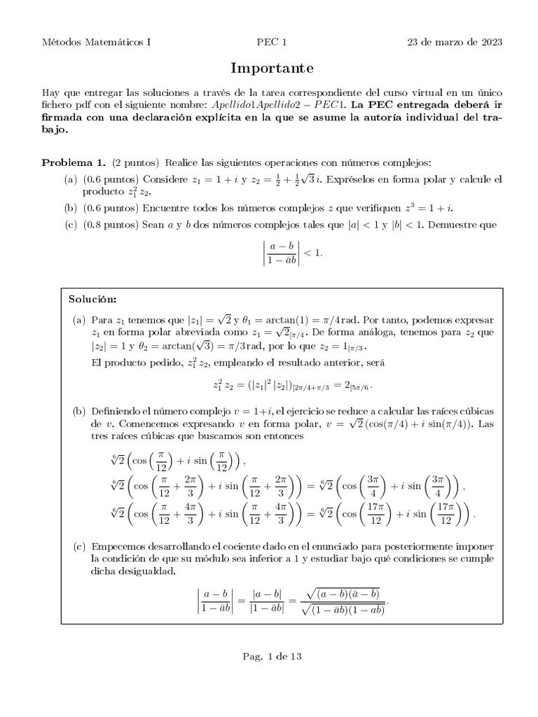 MMI 2023 PEC1 Soluciones | PDF | Número complejo | Ecuaciones