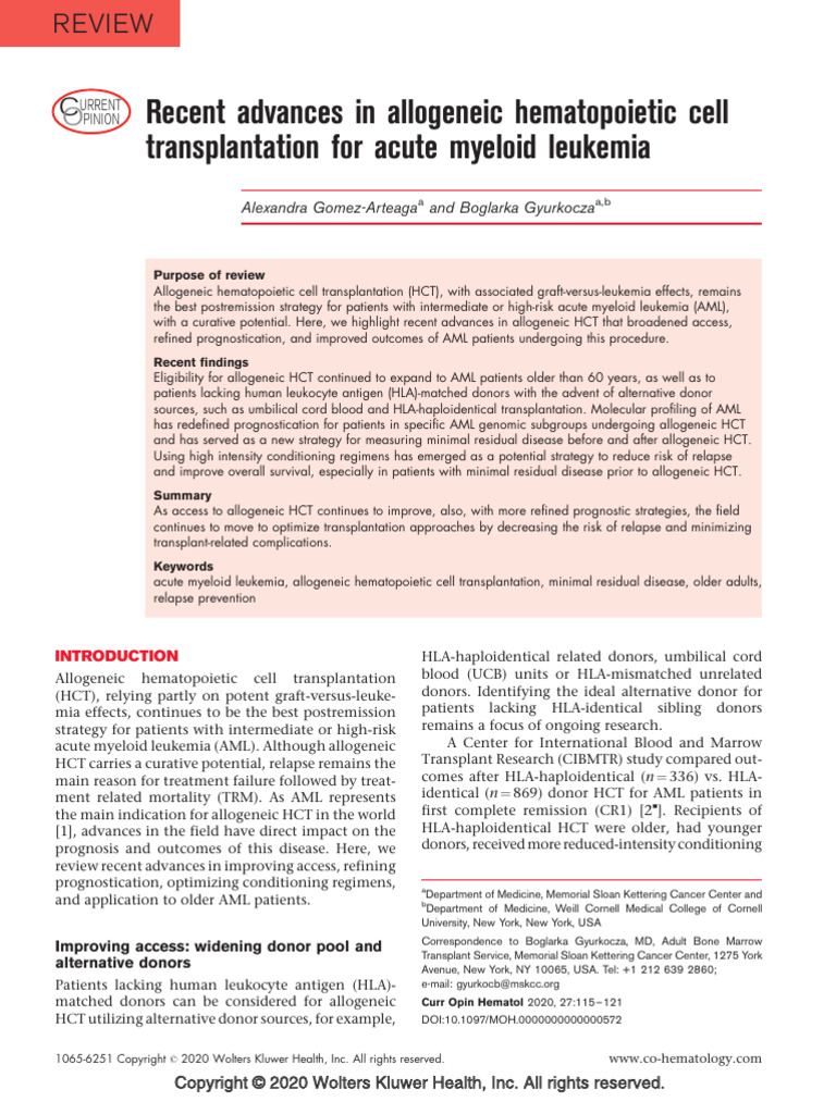 Recent Advances in Allogeneic Hematopoietic Cell Transplantation for ...