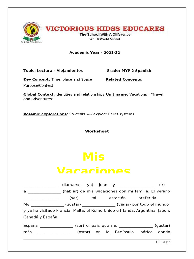 MYP_2_-_Worksheet_-_Mis_Vacaciones (2) | PDF
