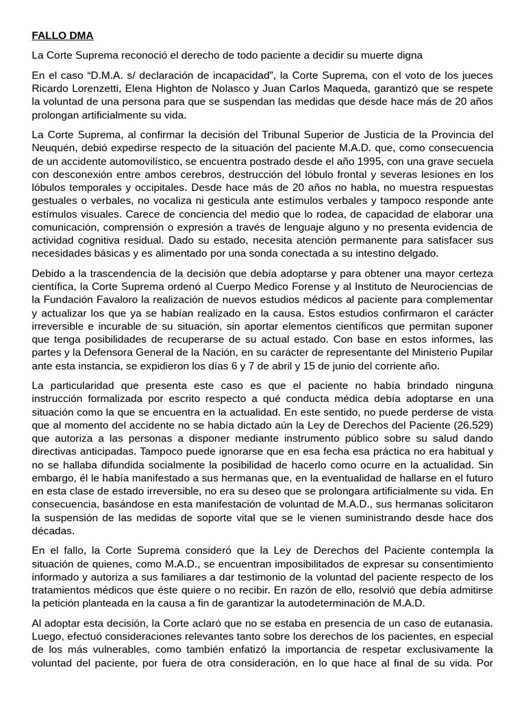 Resumen Fallo Dma | PDF | Autodeterminación | Consentimiento informado