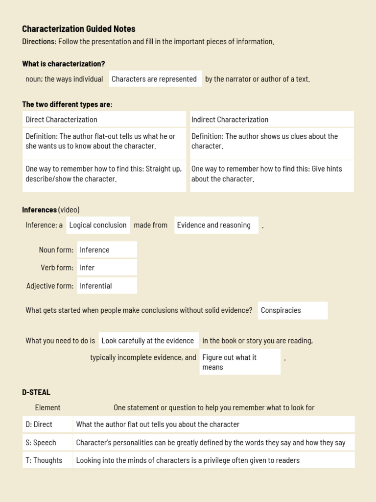 Characterization Guided Notes Summary | PDF