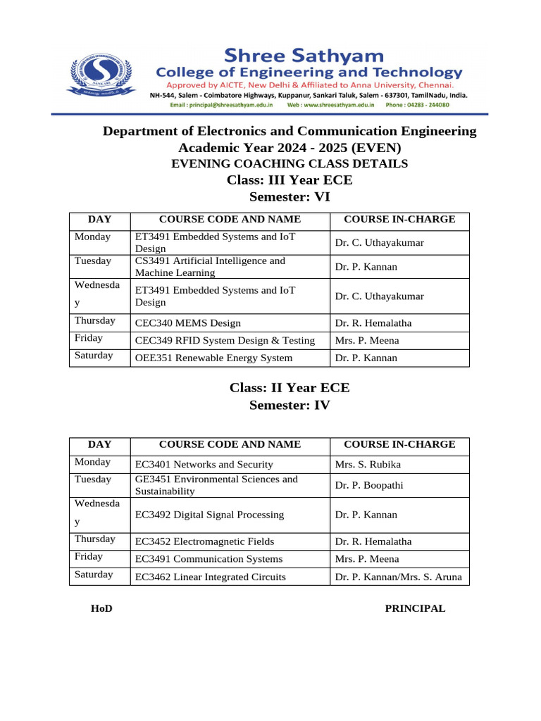 ECE Evening Coaching Class Schedule 2024-25 | PDF