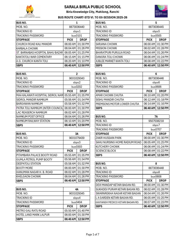 22-03-2025-Bus Route Chart-Std Vi. To Xii-Session 2025-26 | PDF