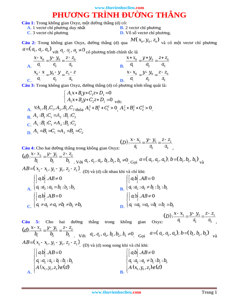 90 Cau Trac Nghiem PHUONG TRINH DUONG THANG TRONG KHONG GIAN Co Dap An 2 | PDF
