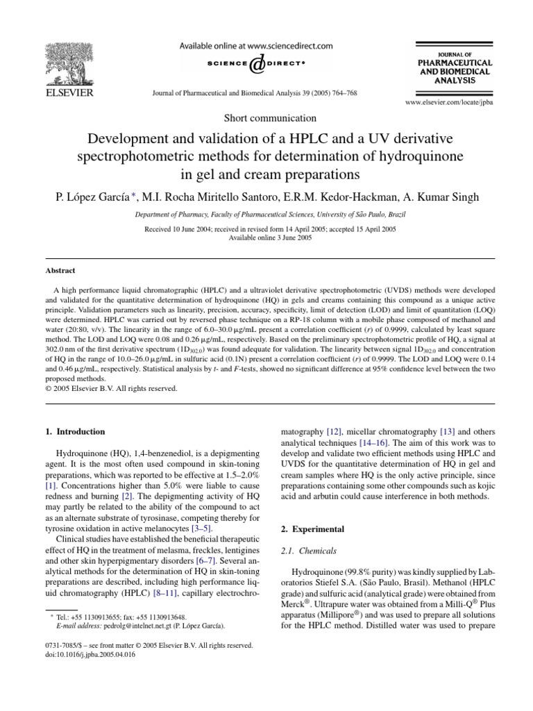 Development and Validation of A HPLC and A UV Derivative Spectrophotometric Methods For ...