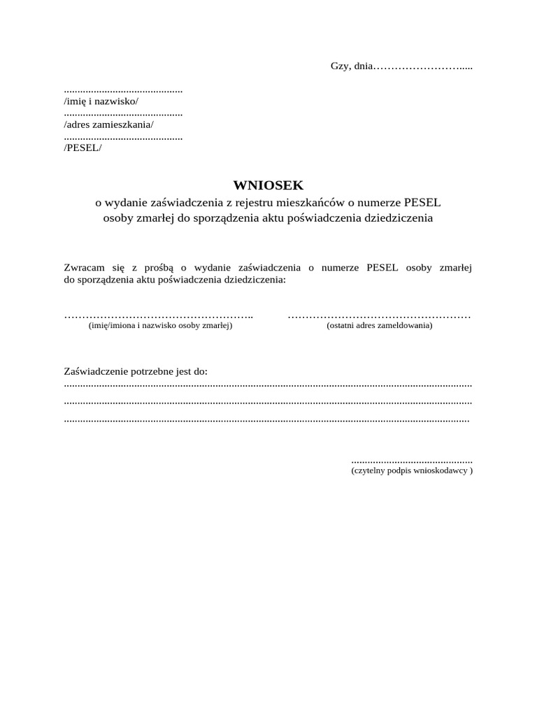Wniosek o Wydanie Zaswiadczenia Z Rejestru Mieszkancow o Numerze Pesel Osoby Zmarlej Do ...