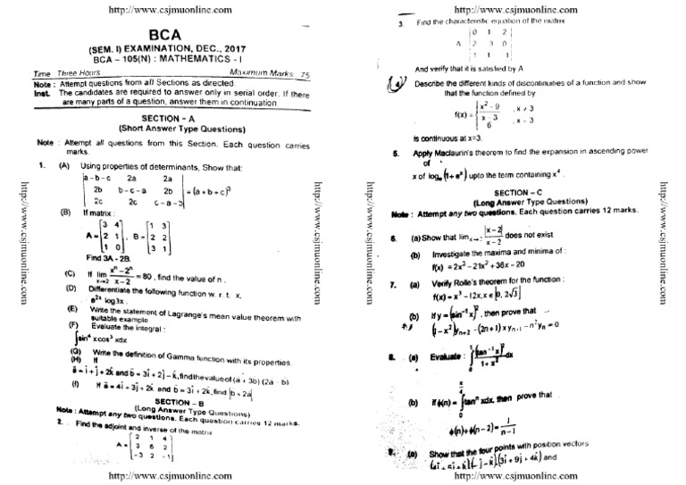 Bca 1 Sem Mathematics 1 Bca 105n Dec 2017 | PDF