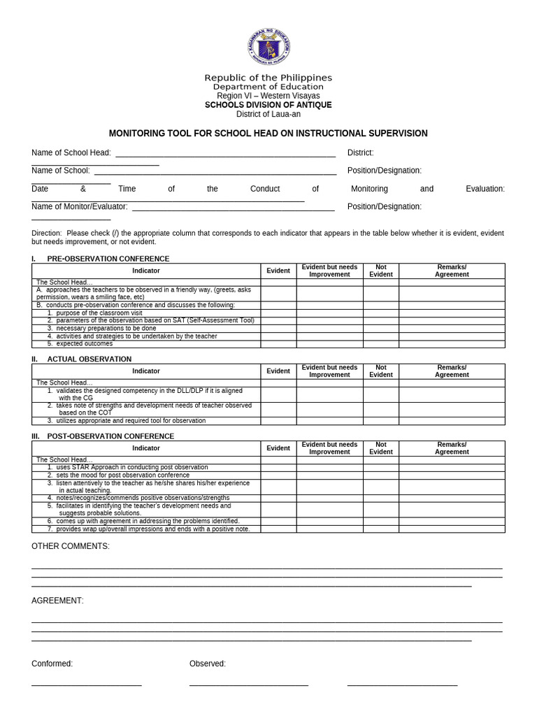 School Head Instructional Supervision Tool | PDF | Teachers | Learning