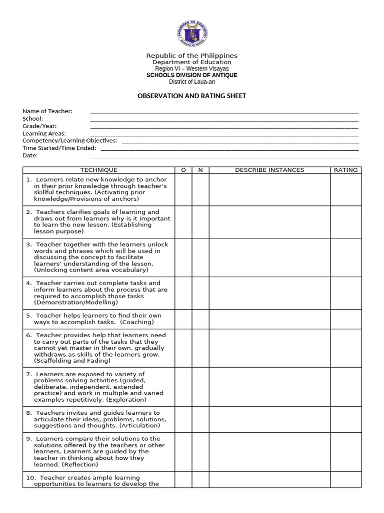 Observation and Rating Sheet | PDF | Learning | Teachers
