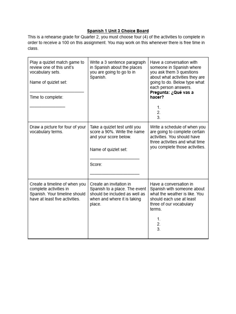 Spanish 1 Unit 3 Choice Board | PDF