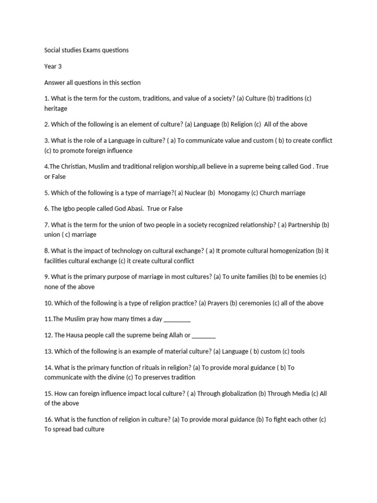 Year 3 Social Studies Exam Questions | PDF | Prayer | Marriage