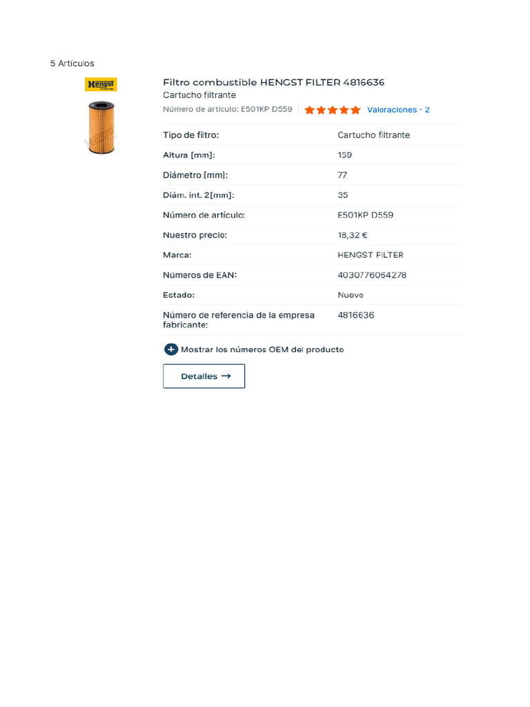 FILTRO GASOIL 1R0794 MONTACARGA HELI | PDF