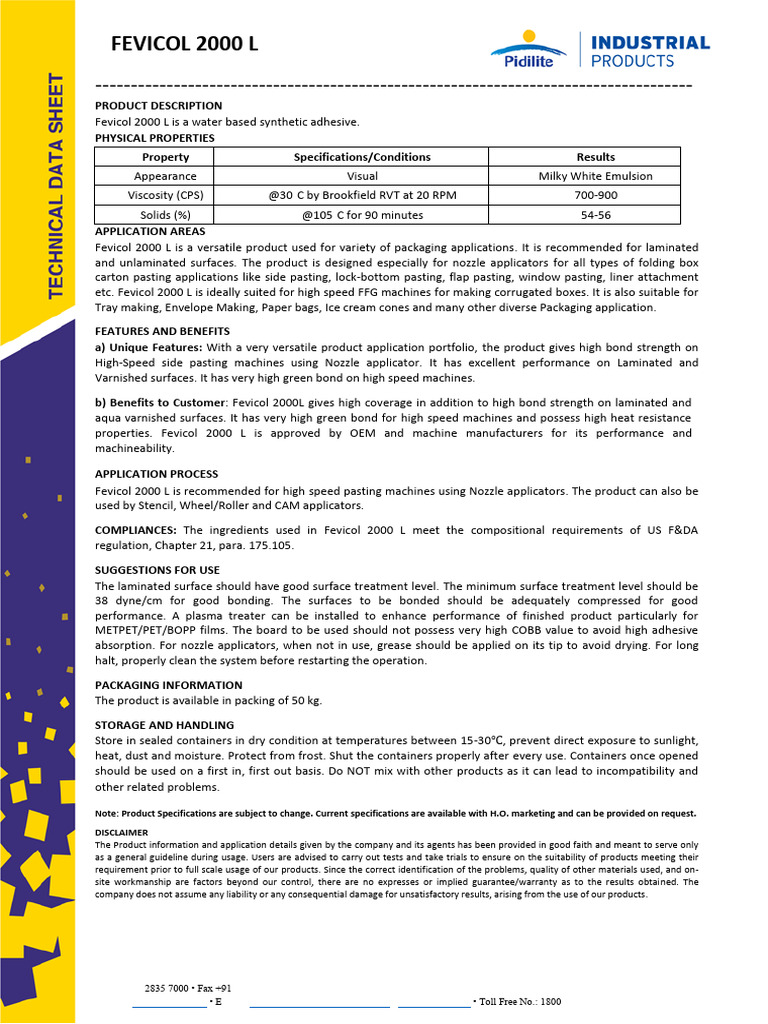 Fevicol 2000 L Adhesive Overview | PDF | Adhesive | Lamination