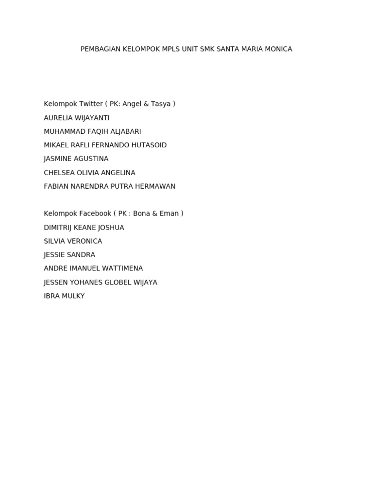 Pembagian Kelompok MPLS SMK Santa Maria | PDF
