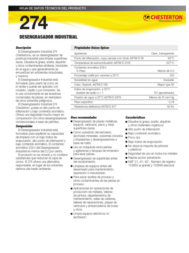 Desengrasador Industrial Chesterton 274 | PDF | Solubilidad | Agua