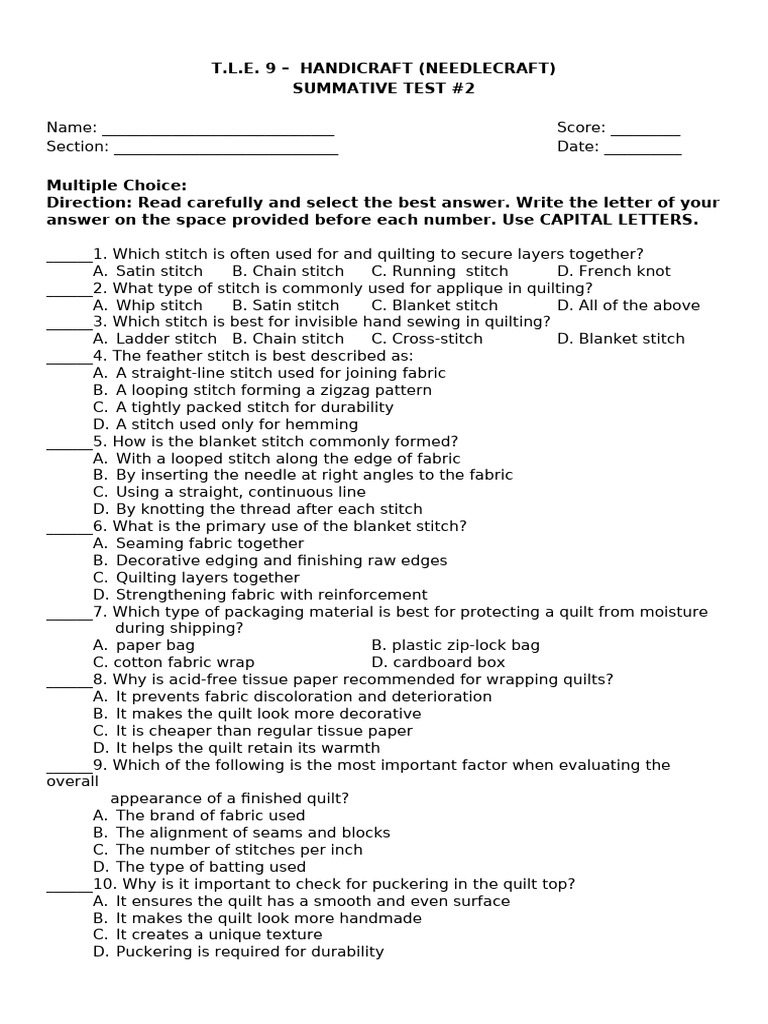Tle 9 - Q4 Summative Test 2 | PDF | Quilt | Surgical Suture