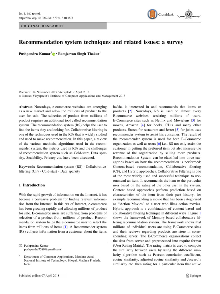 Recommendation System Techniques and Related Issues A Survey | PDF | Cluster Analysis | Computing