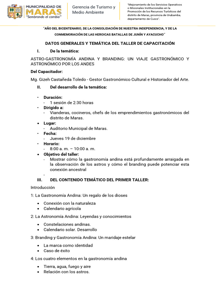 Programa de Capacitación Astro Gastronomía Maras | PDF