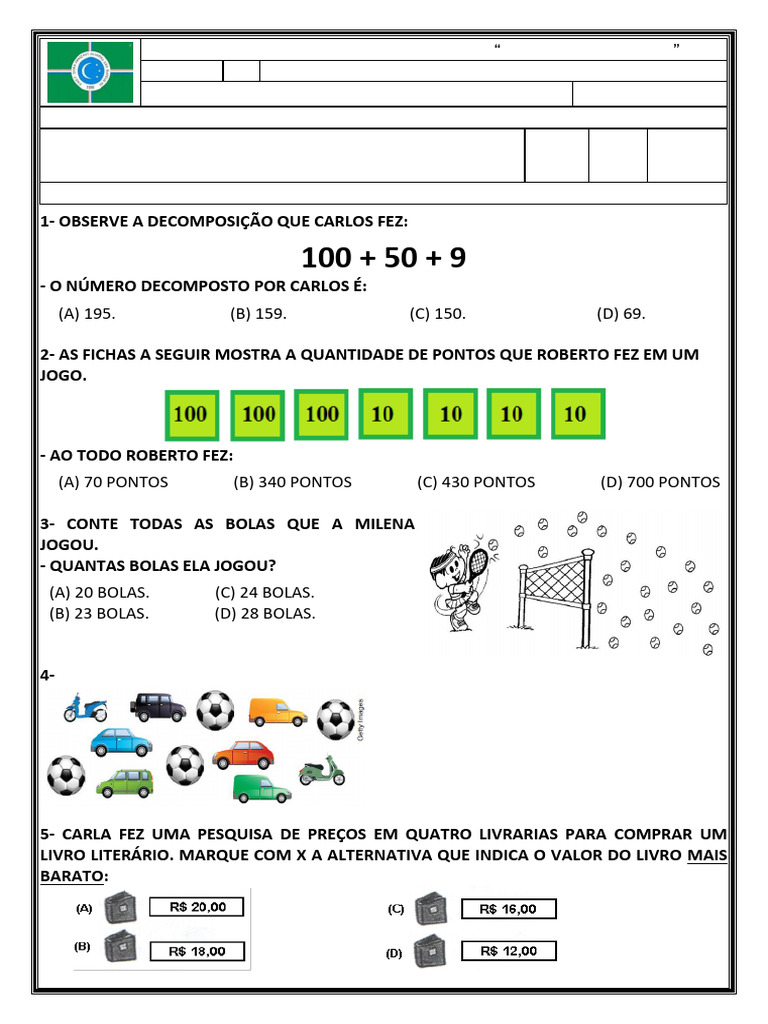 Prova Adaptada De Matemática 1º Trimestre Pdf 0404