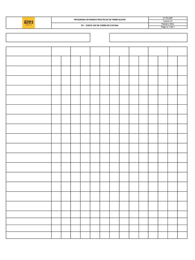 07-FO-BPF Check List de Cierre de Cocina | PDF | Bienes manufacturados | Limpieza