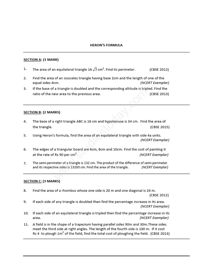 CBSE Class 9 Heron's Formula | PDF | Area | Triangle