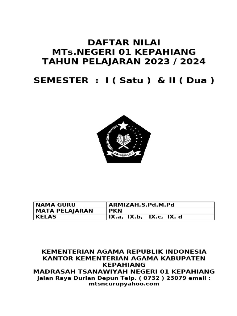 Cover Daftar Nilai MTs 2023/2024 | PDF