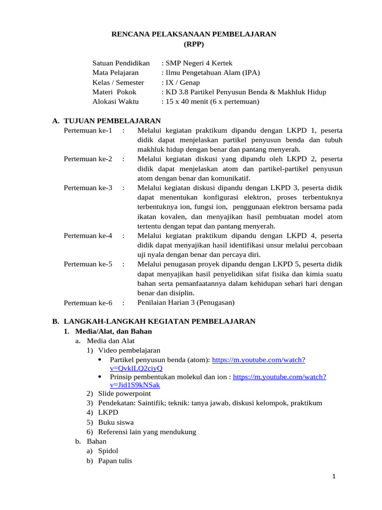R01 RPP KD 3.8 - Partikel Penyusun Benda & MH | PDF