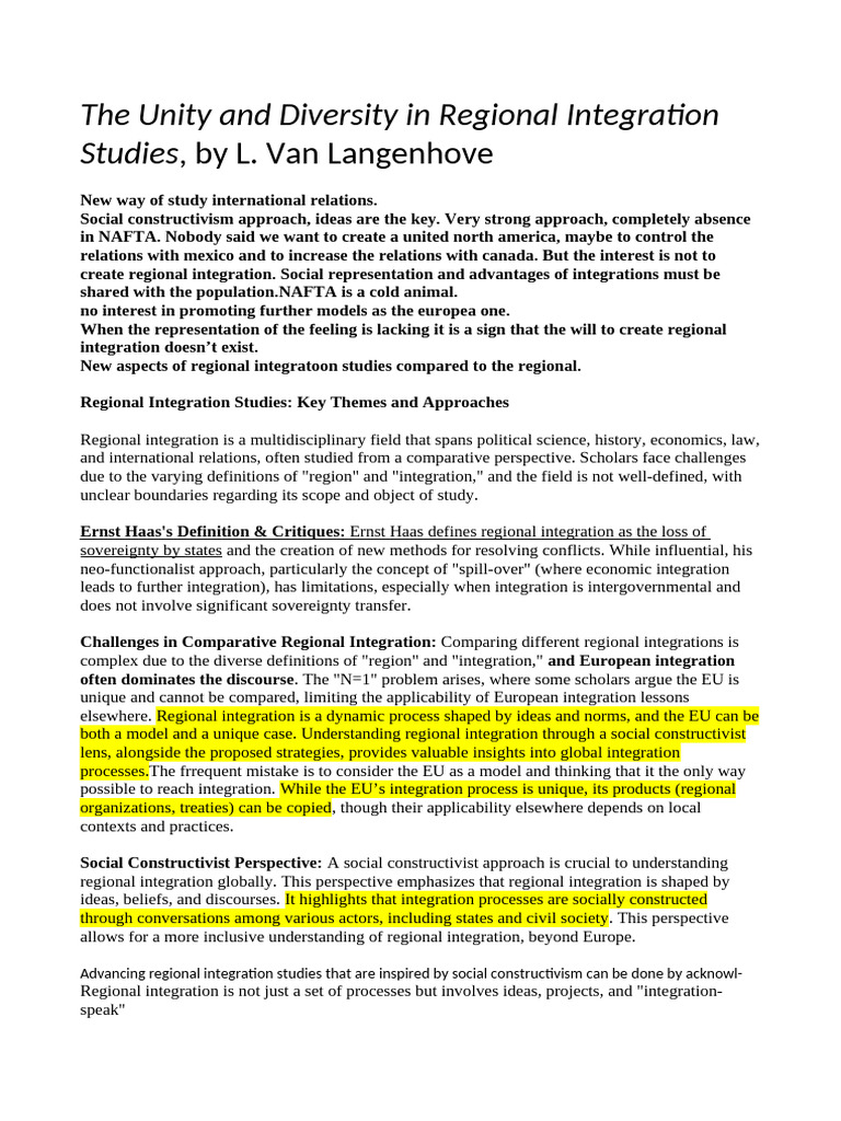 The Unity and Diversity in Regional Integration Studies, by L. Van Langenhove | PDF | Regional ...