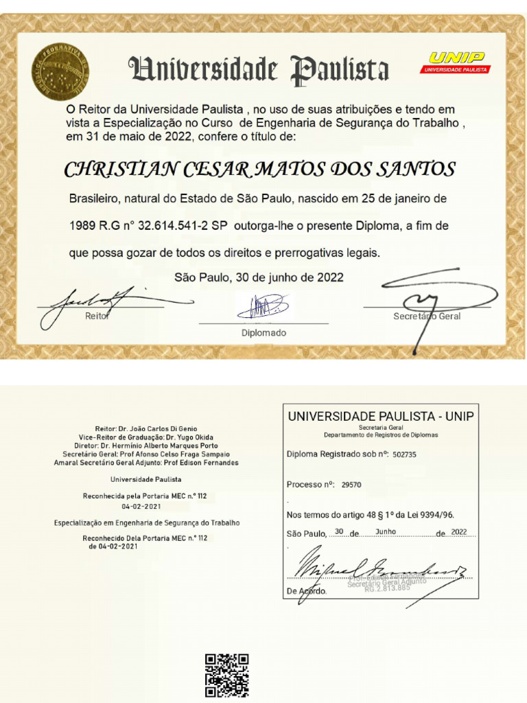 Diploma Pos Seg Trab Unip 01 | PDF