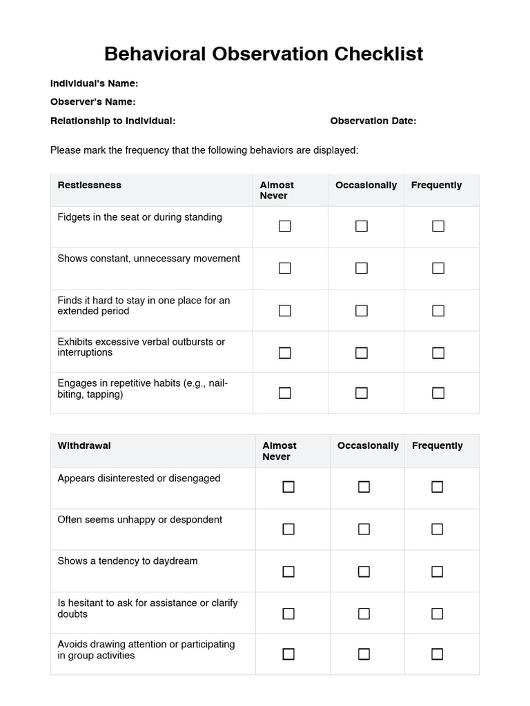 Behavioral Observation Checklist | PDF | Attention | Behavior
