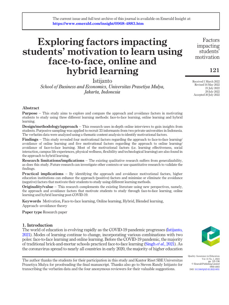 Exploring Factors Impacting Students' Motivation To Learn Using Face-To ...