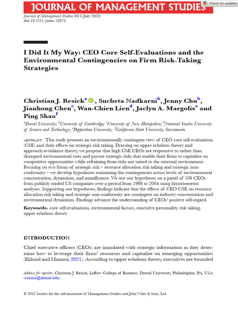 J Management Studies - 2022 - Resick - I Did It My Way CEO Core Self ...